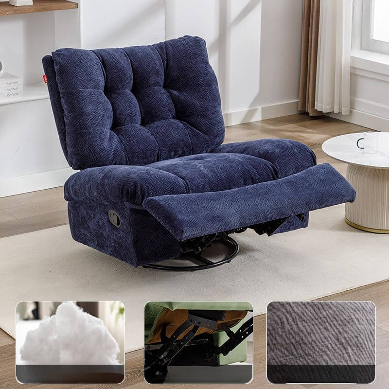 Art Deco Solid Color Metal Reclining Accent Chair with Non Rocking Base Tufted Details and Independent Foot Movement Chenille Blue