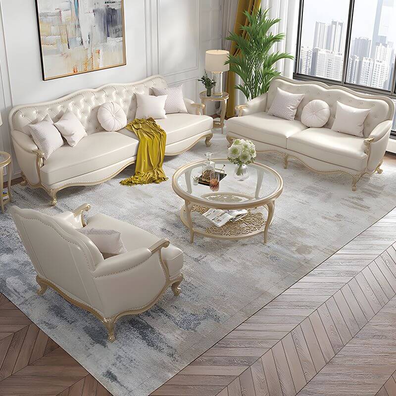 Elegant Off White Sofa Couch Loveseat Single Sofa with Oak Wood Sloped Arms Nailhead Decoration and Multiple Pillow Options