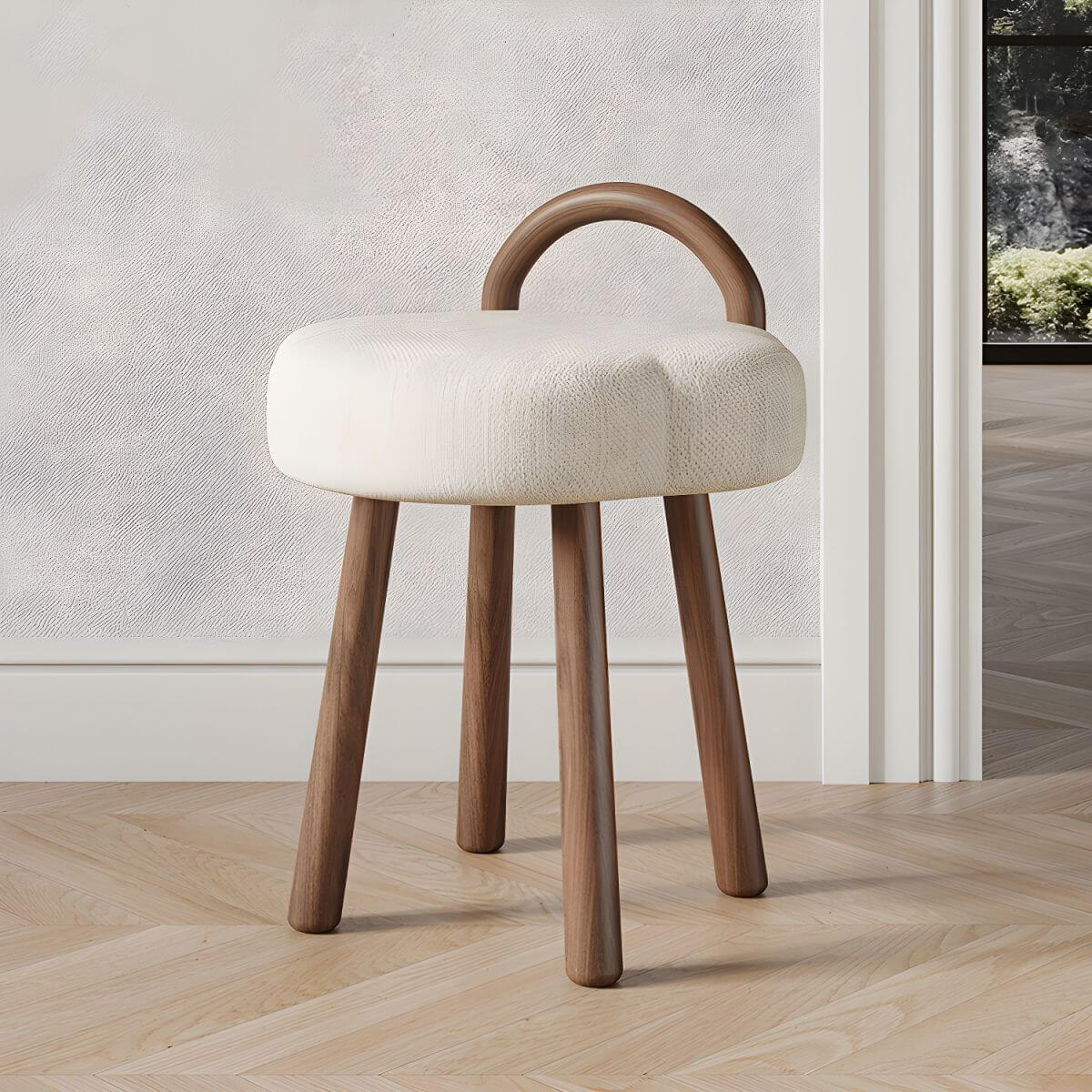 White Upholstered Vanity Stool with Back and Wooden Legs, Overall ...