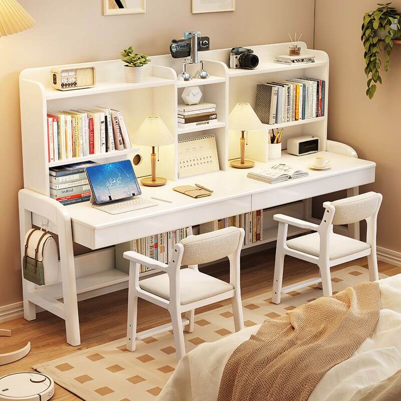 Adjustable Ivory Rubberwood Kids Desk with Open Shelves and Hutch ...
