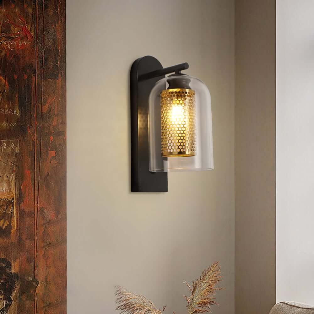 Black and Gold Modern Armed Wall Sconce with Clear Glass Cylinder Shade ...