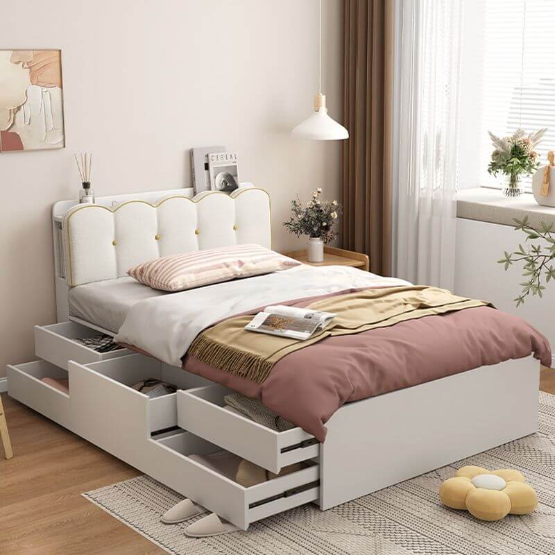 Cream White and Natural Modern Storage Bed with Waves Design – cocochairs