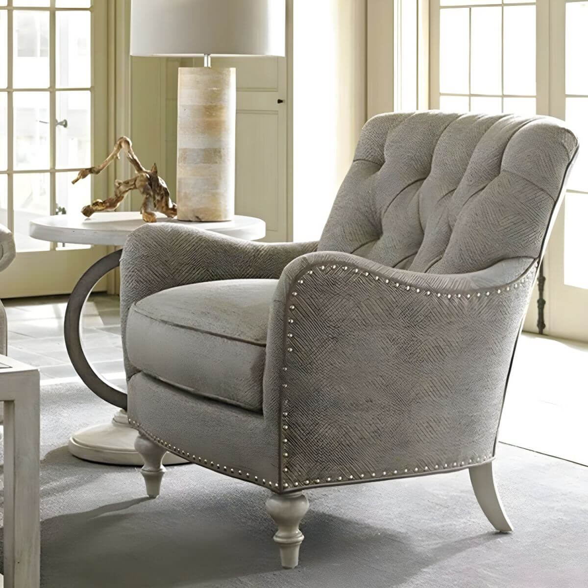 French Country Tufted Gray Linen-Cotton Sofa with Nailhead Trim ...