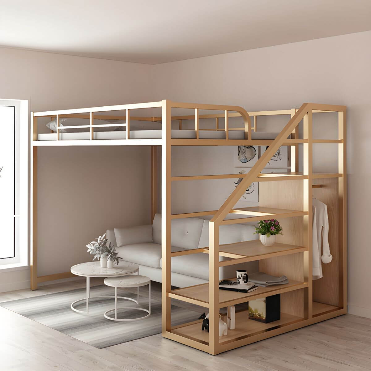 Glam Iron Loft Bed with Built-In Stairs and Storage – cocochairs
