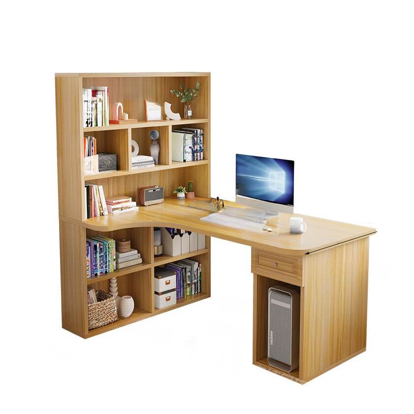 Light Walnut L-Shaped Corner Writing Desk with Hutch and Storage ...