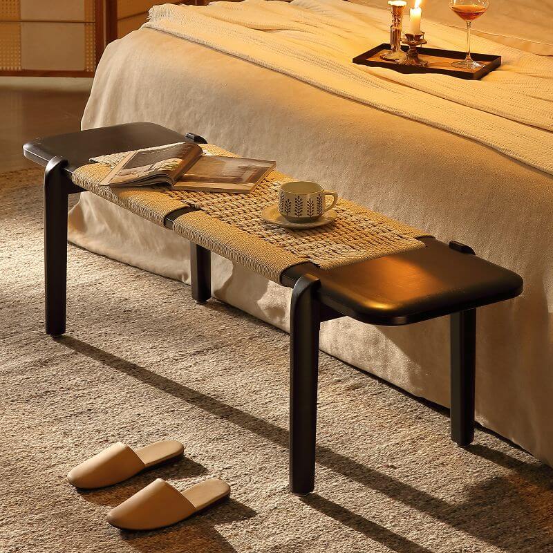Low-Profile Solid-Color Bench with Braided Rope and Wooden Frame ...