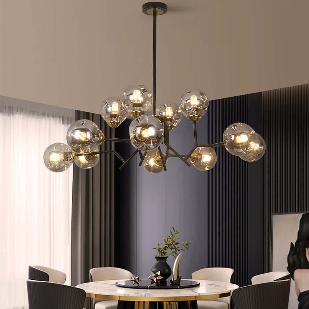 Modern 12-Light Black Chandelier with Smoky Gray Glass Shades – cocochairs