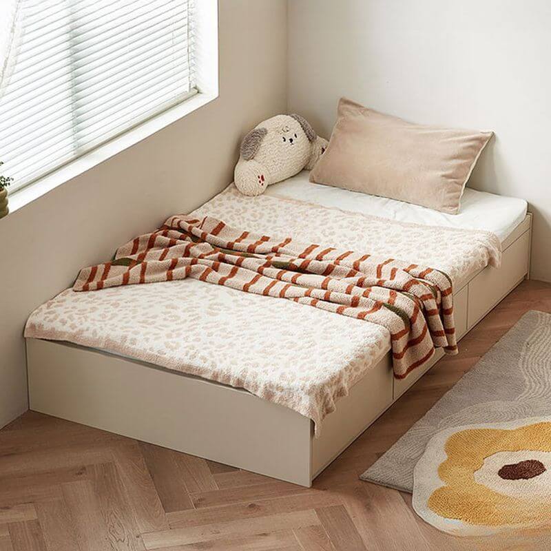 Modern Beige Storage Bed with Press-to-Open Drawers and Open Shelving ...