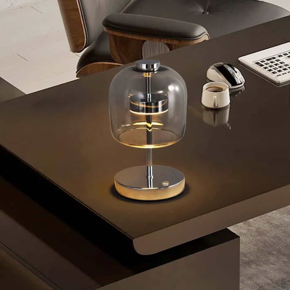 Modern Chrome LED Table Lamp with Smoky Gray Glass Shade – cocochairs