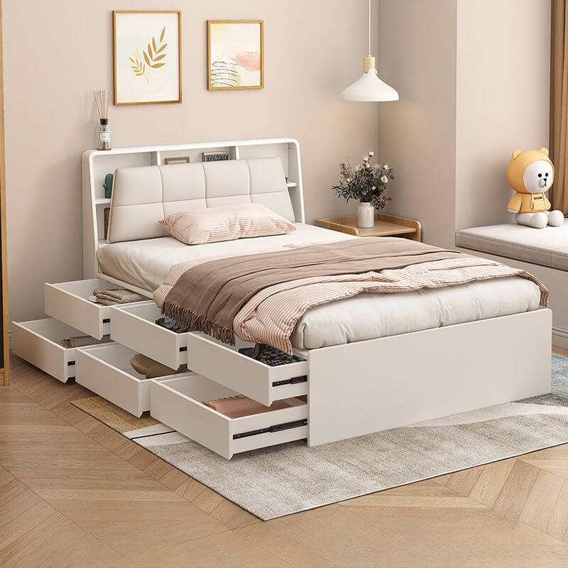 Modern Cream White Upholstered Storage Bed with Wood Slat Base and Open ...