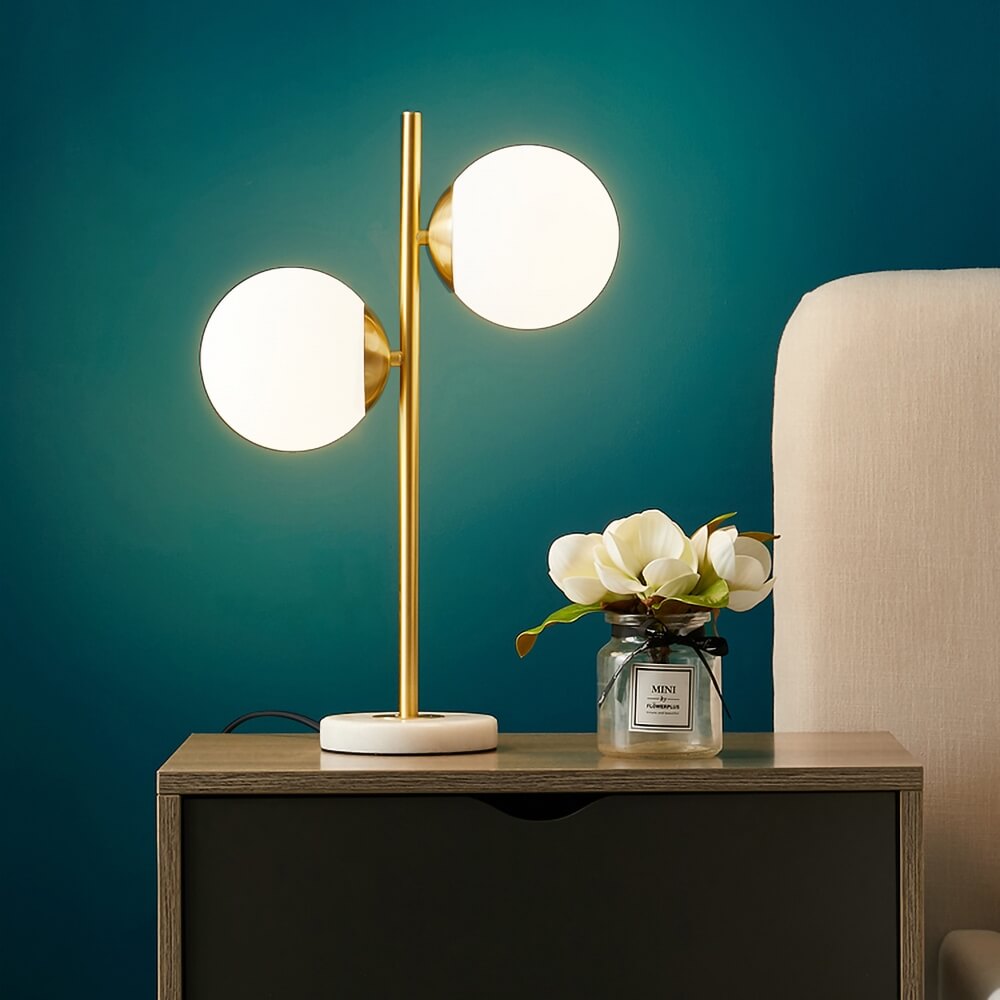 Modern Gold-Finish Faux Marble Table Lamp with 2 White Glass Globes ...