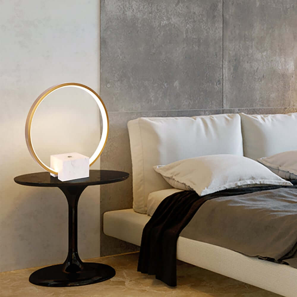 Modern Gold Metal Ring Table Lamp with Faux Marble Base – cocochairs