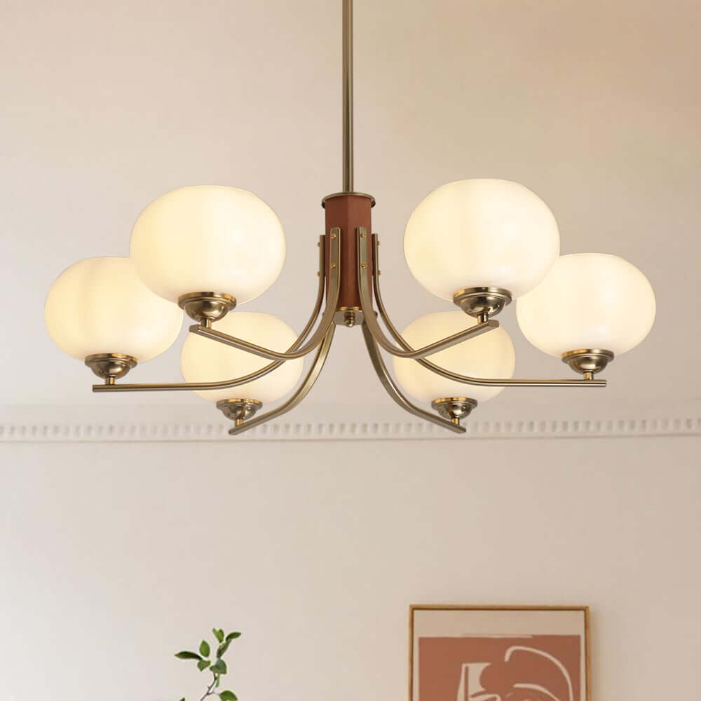 Modern Metal and Wood Bowl Chandelier with Glass Shades – cocochairs