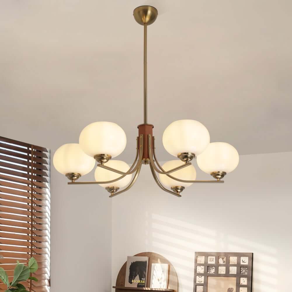 Modern Metal and Wood Bowl Chandelier with Glass Shades – cocochairs