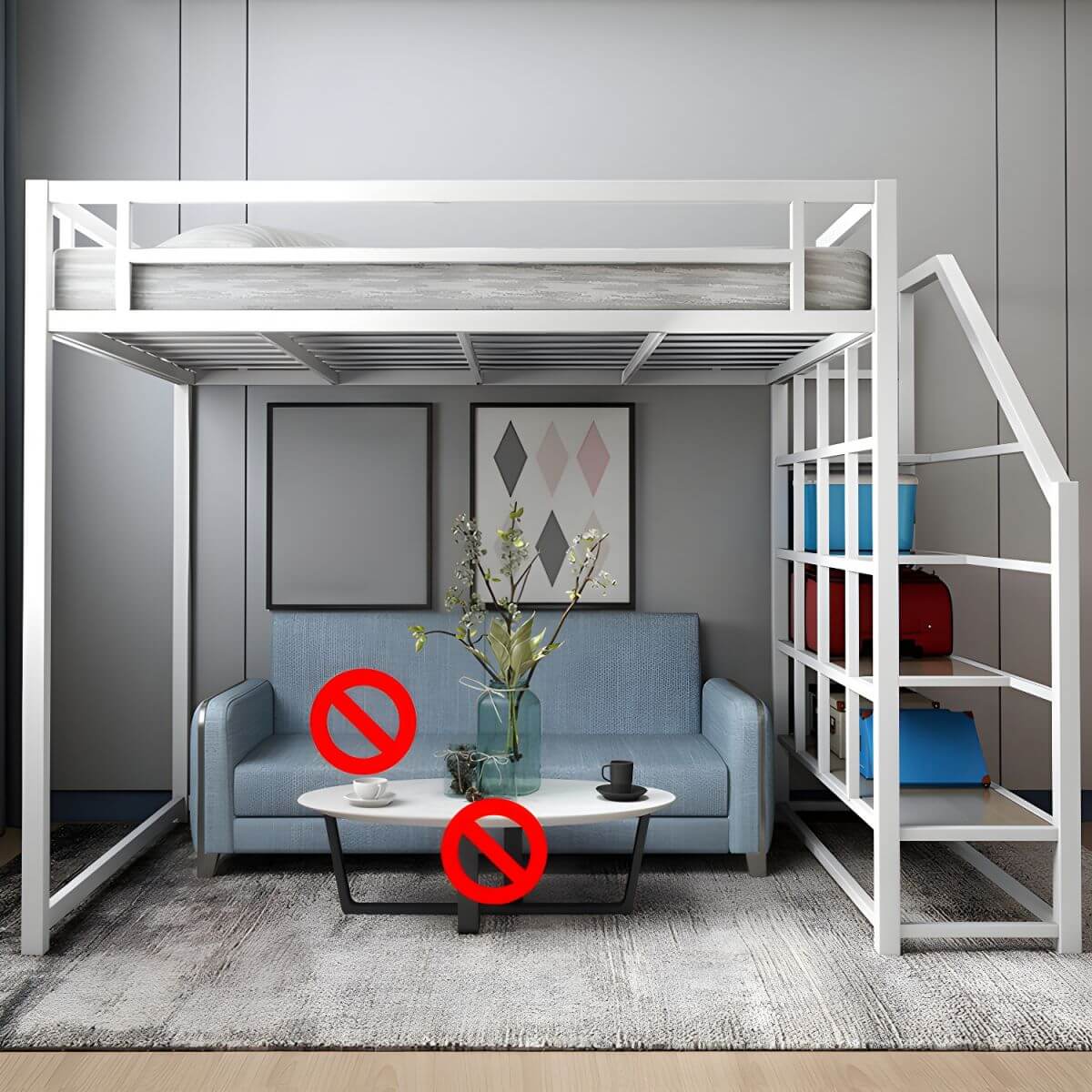 Modern Metal Loft Bed with Integrated Stairs and Safety Guardrails ...