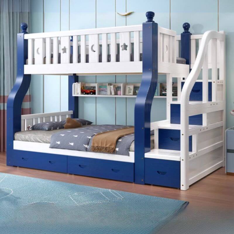 Modern Pine Bunk Bed with Bookshelf, Drawers, and Ladder – cocochairs
