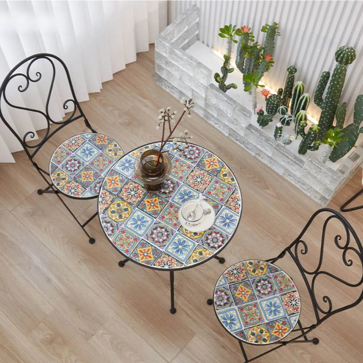 Modern Round Metal Patio Dining Set with Mosaic Top and Folding Chairs ...