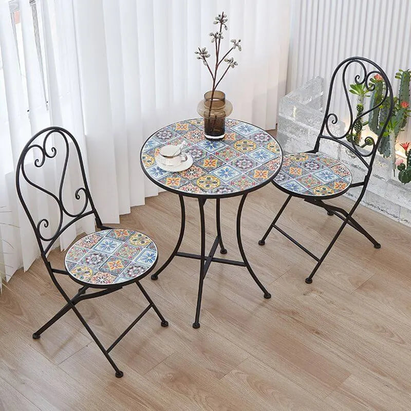 Modern Round Metal Patio Dining Set with Mosaic Top and Folding Chairs ...