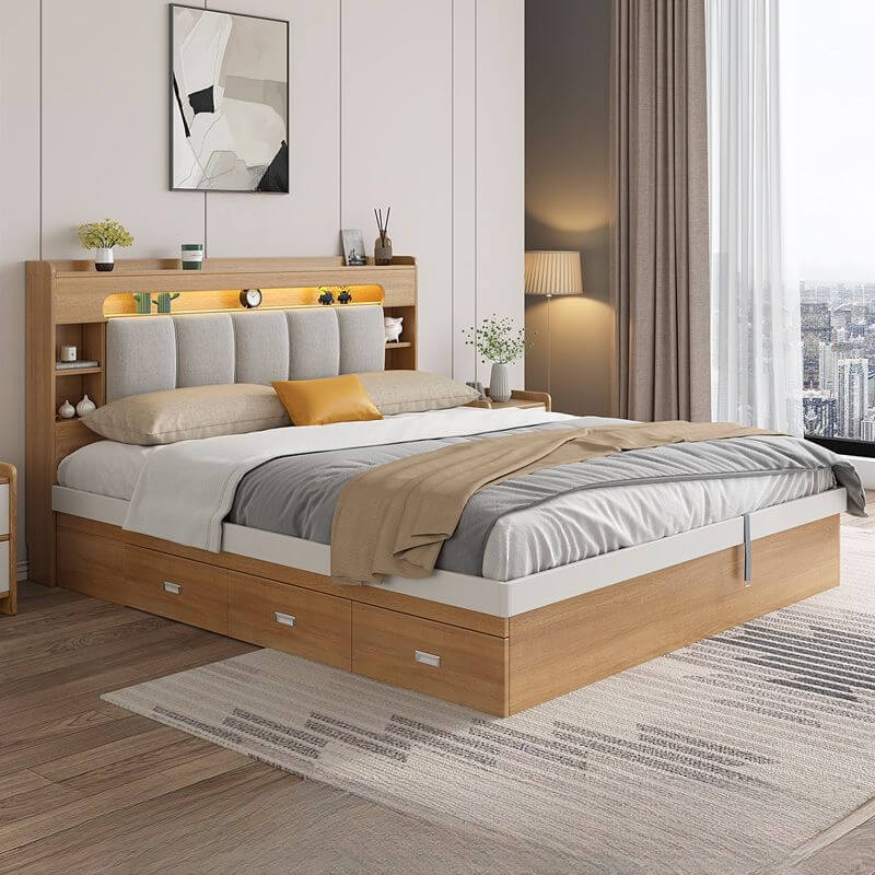 Modern Silver Gray and Natural Wood Storage Bed with LED-Lit Headboard ...