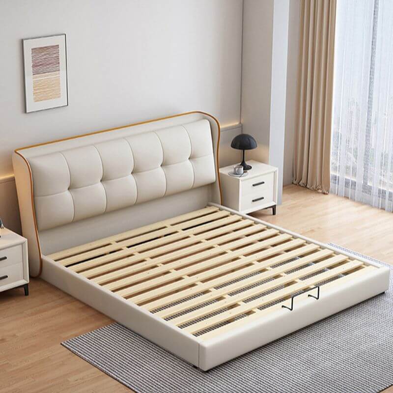 Modern Upholstered Panel Bed with Elevated Storage and Tufted Headboard ...