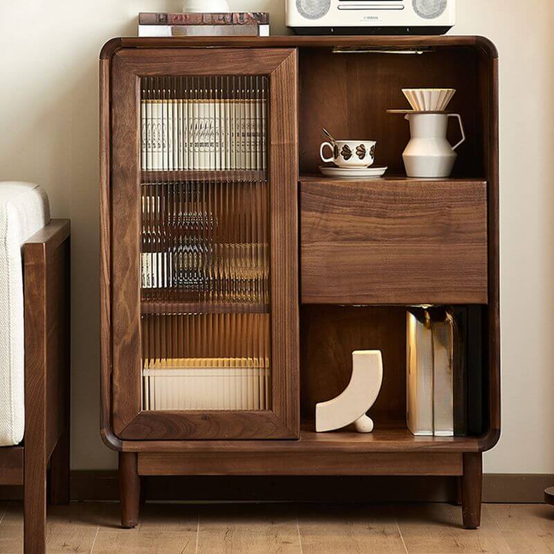 Modern Walnut Wood Sideboard with Fluted Glass and Open Shelving ...