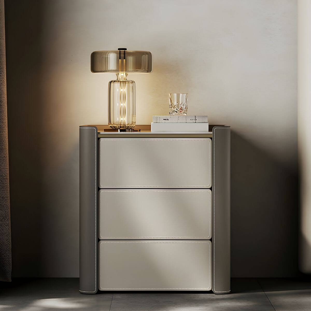 Modern White Drawer Storage Nightstand with Stone Top and Faux Leather ...