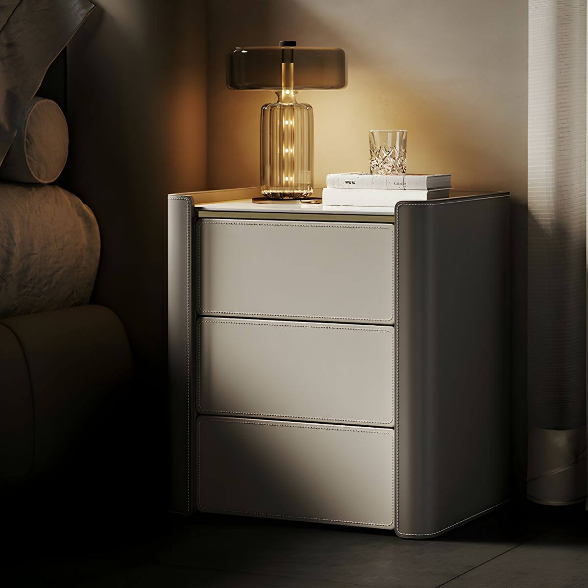 Modern White Drawer Storage Nightstand with Stone Top and Faux Leather ...