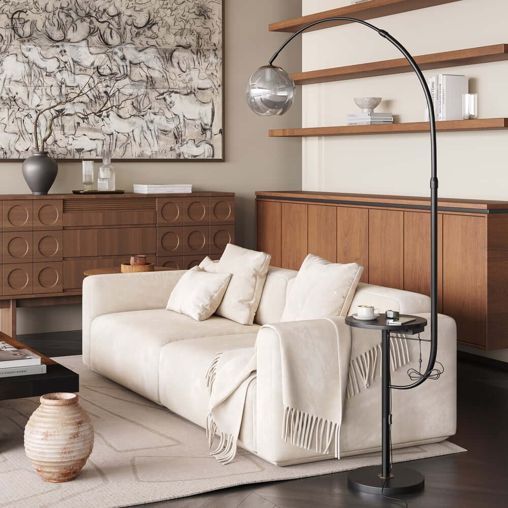 Modern White & Gold Arc Floor Lamp with Tray Table and USB Port ...