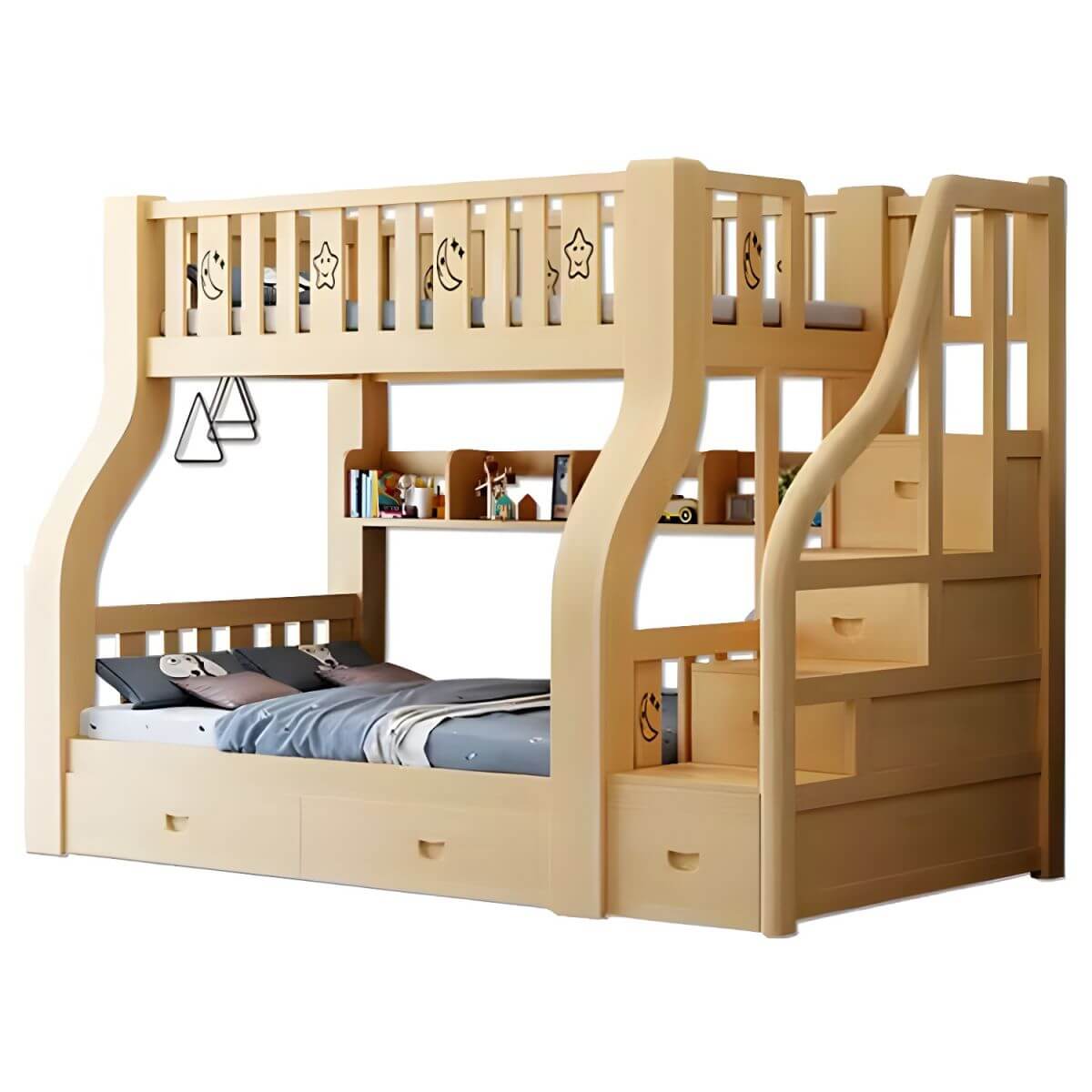 Natural Finish Modern Wood Bunk Bed with Bookcase, Ladder, and Storage ...