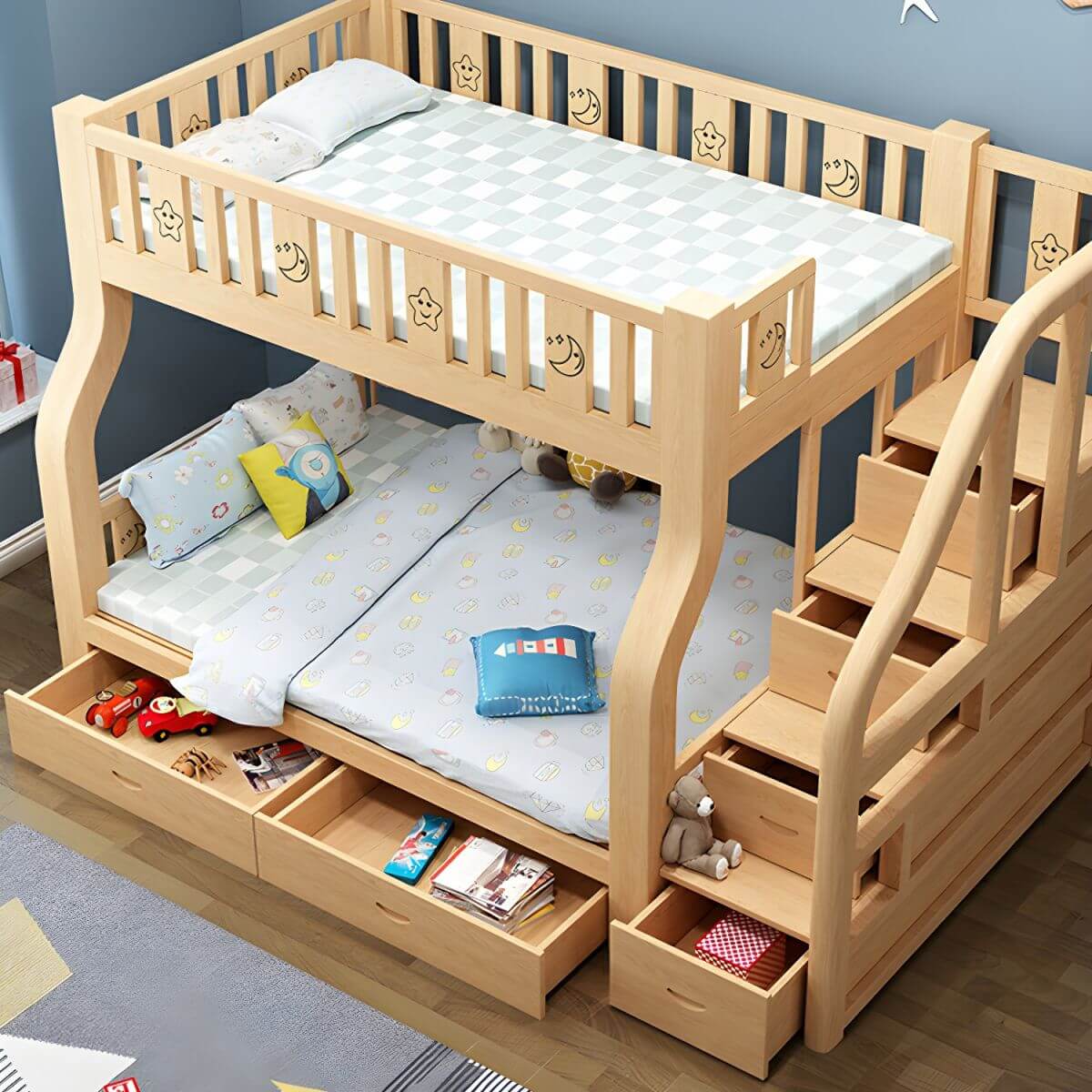 Natural Finish Modern Wood Bunk Bed with Bookcase, Ladder, and Storage ...