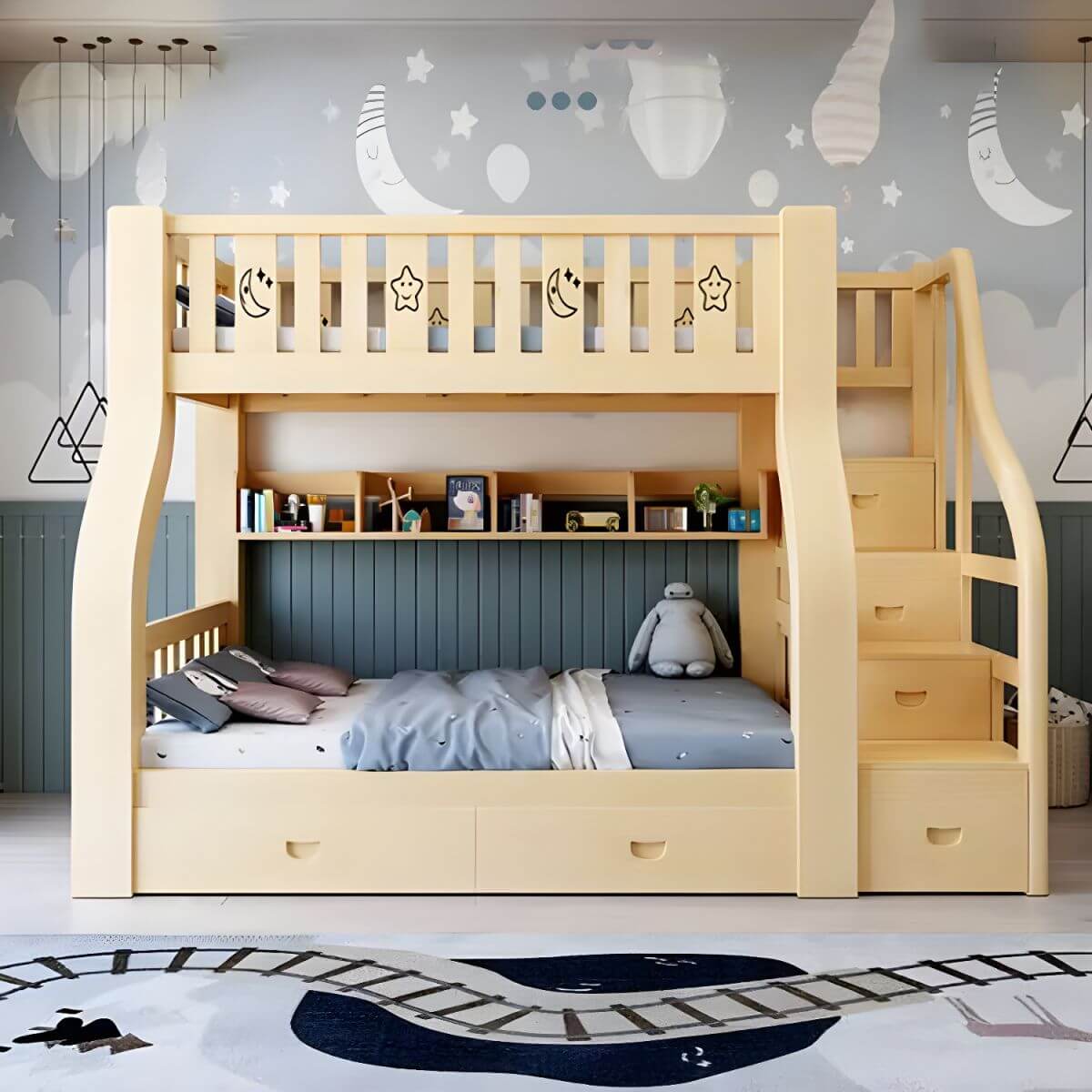 Natural Finish Modern Wood Bunk Bed with Bookcase, Ladder, and Storage ...