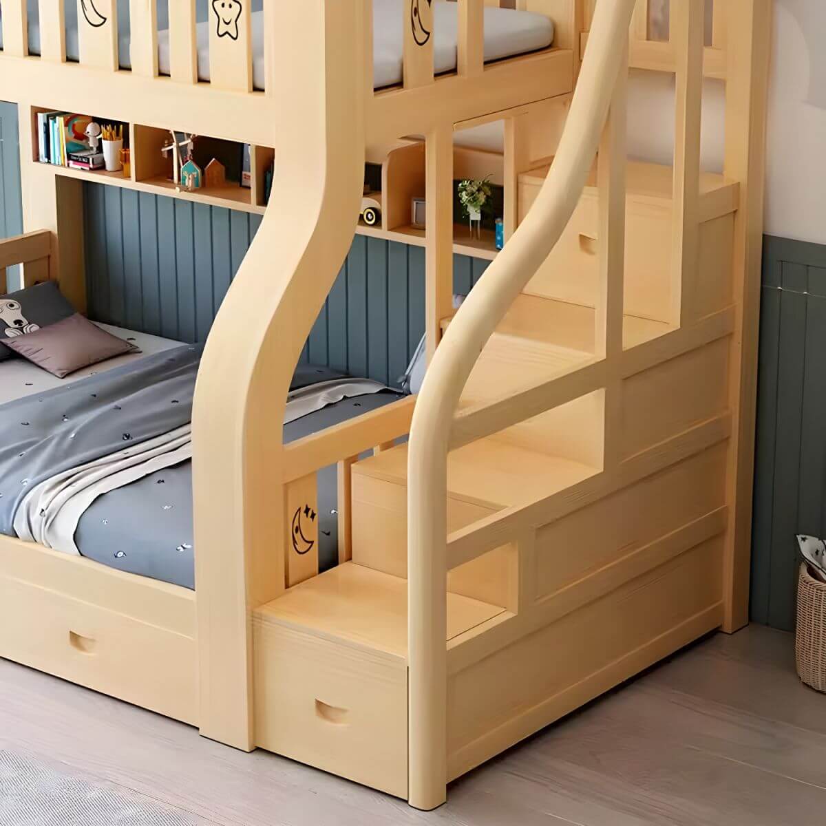 Natural Finish Modern Wood Bunk Bed with Bookcase, Ladder, and Storage ...