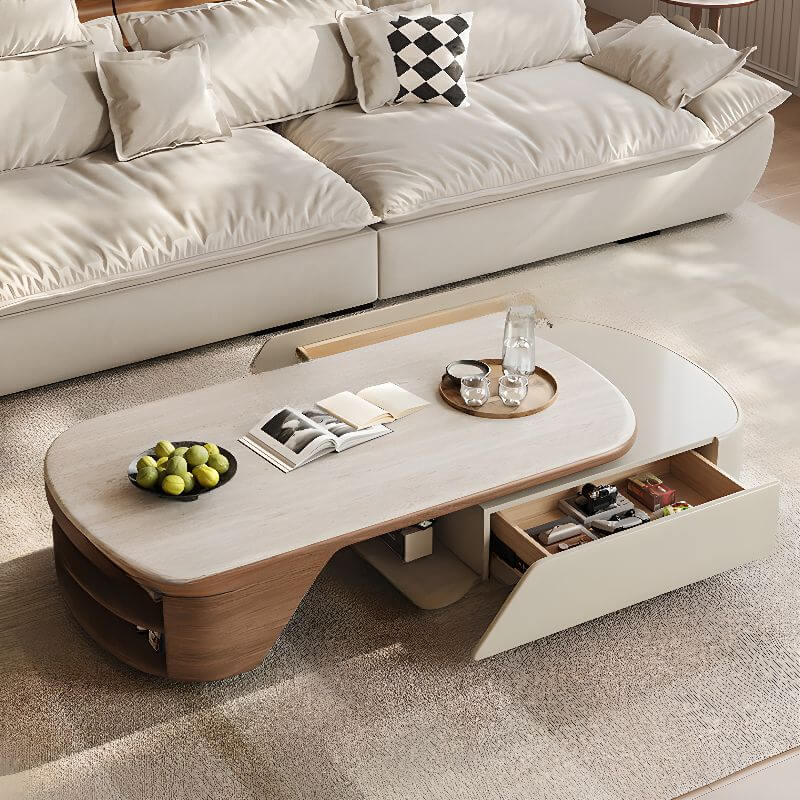 Oval Travertine Top Coffee Table with Extendable Base and Storage ...