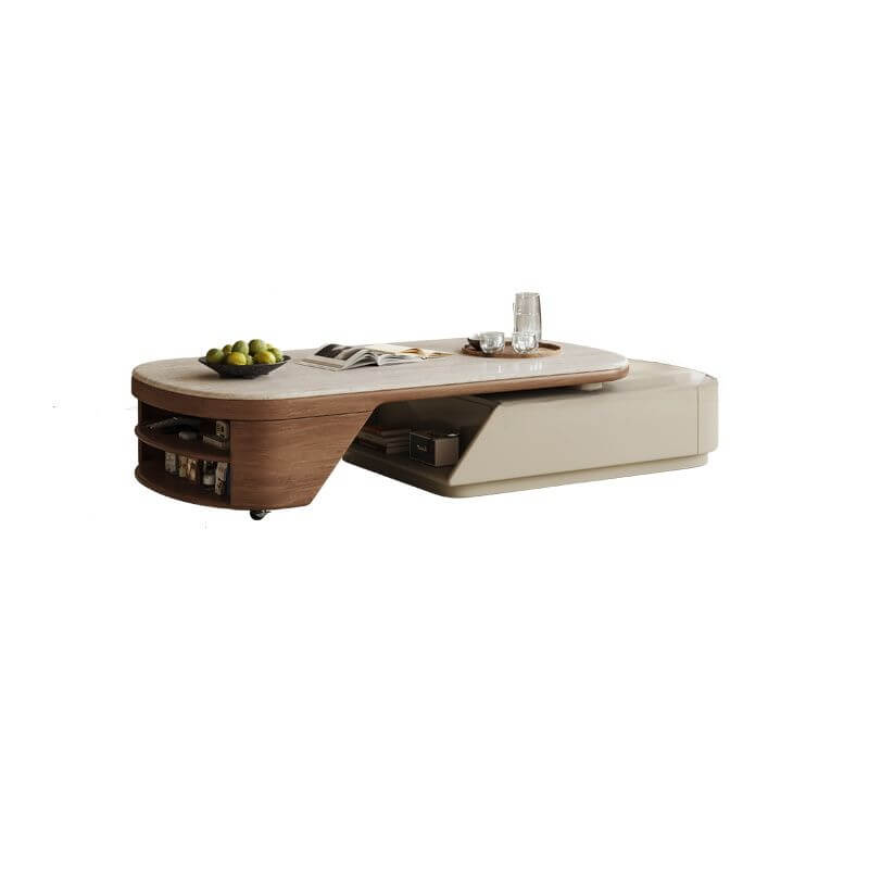 Oval Travertine Top Coffee Table with Extendable Base and Storage ...