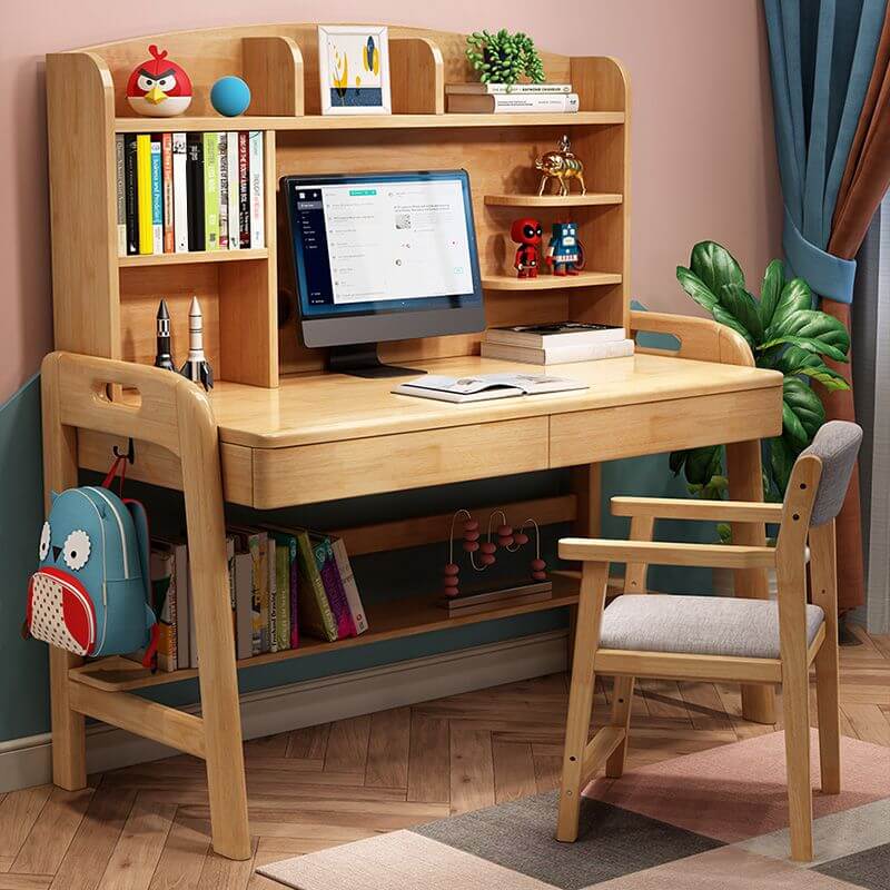 Rubberwood Adjustable Kids Desk with Hutch, Drawers & Bookshelf ...
