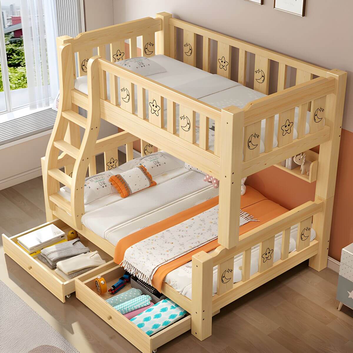 Scandinavian Solid Wood Kids Bunk Bed with Hand-Drawn Stars ...