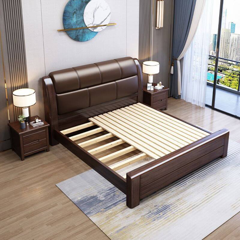 Traditional Brown Panel Bed with Deep Faux Leather Headboard – cocochairs