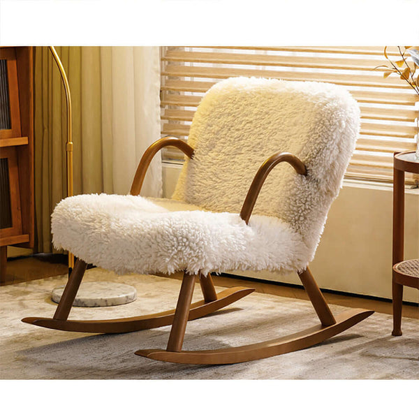White Boucle Upholstery Rocking Chair Solid Wood Accent Chair in Walnut ...