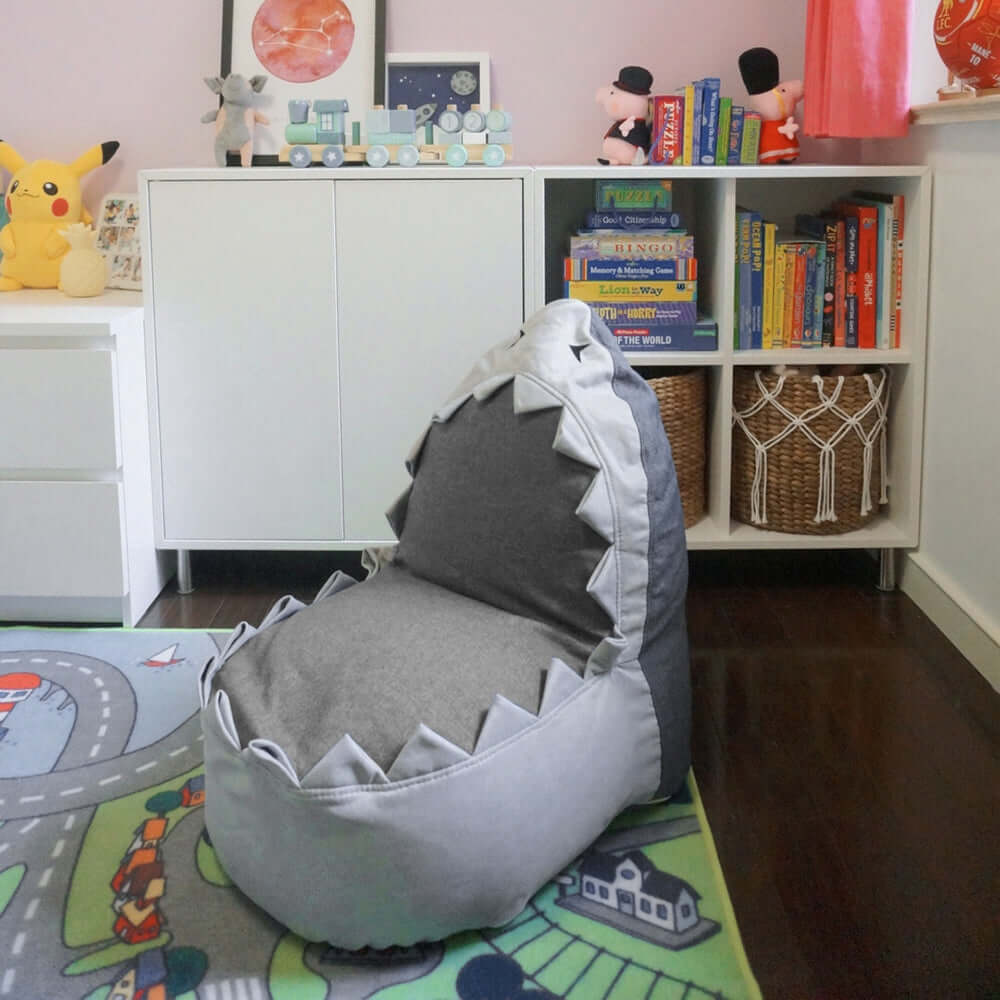 Kid Gray Beanbag Chair Shark Shape Fabric and Foam - Cocochairs ...